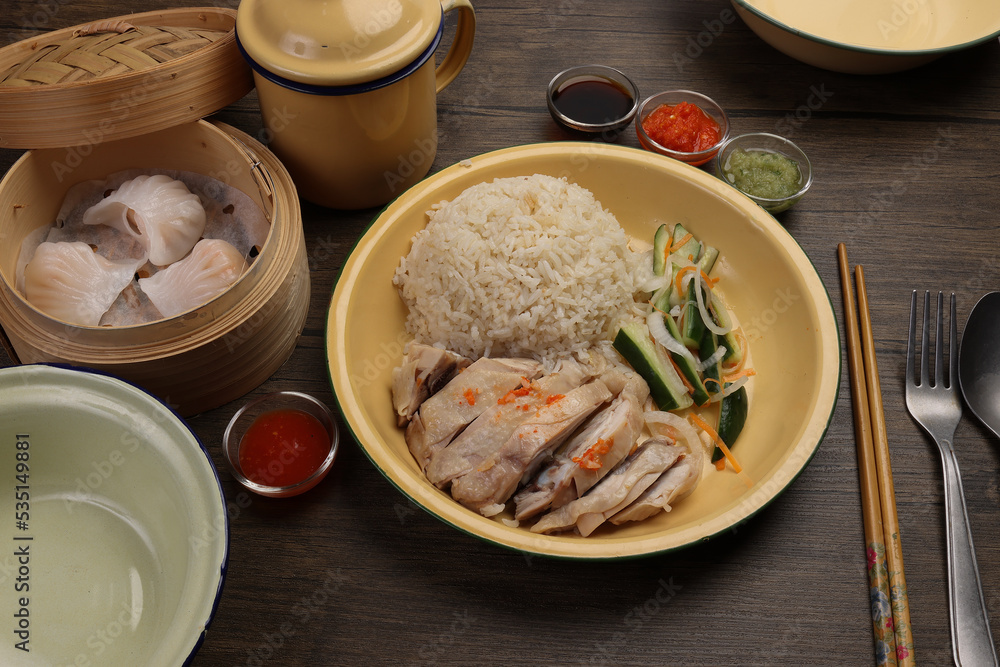steamed Hainanese chicken rice crystal har gow transparent prawn shrimp ...