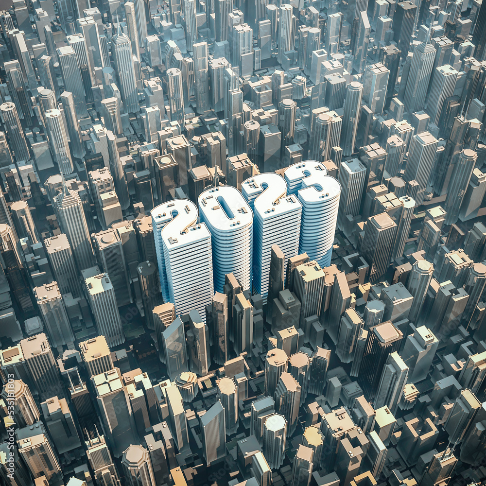 2023 office tower concept - 3D illustration of year 2023 shaped ...