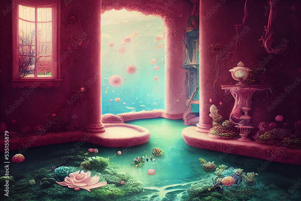 fantasy surreal underwater beautiful house , room, interior, pastel ...