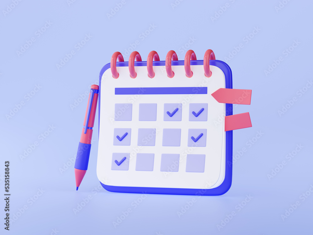 3D illustration of diary calendar with checkmarks and pen. Business ...
