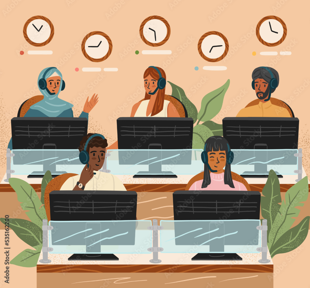 International call center with multicultural people. Diverse customer ...