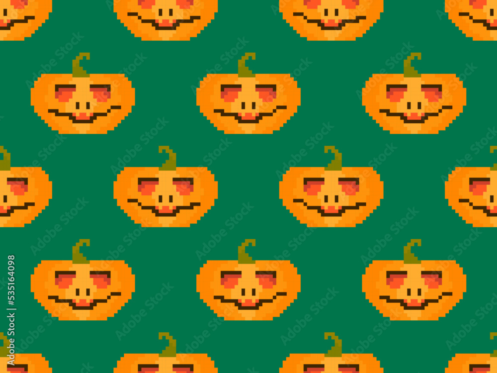Pixelated pumpkins with carved faces for Halloween seamless pattern. 8 ...