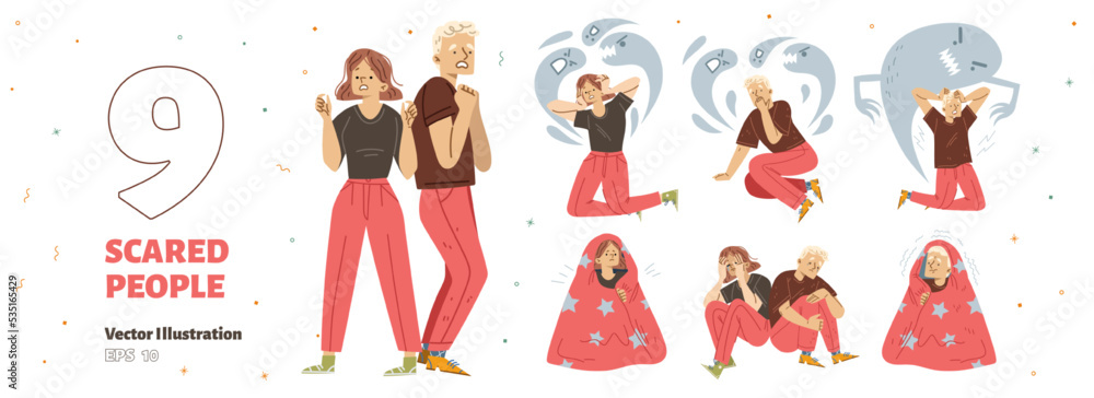 Set of frightened man and woman in panic. Terrified, scared characters ...