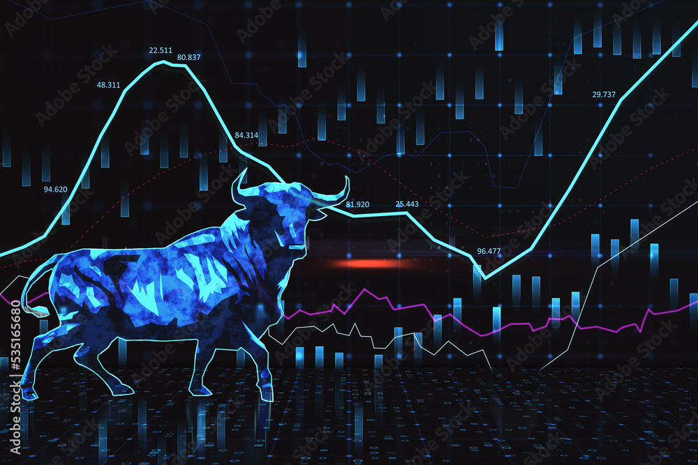 Bullish and upward trend concept with digital blue bull symbol on dark ...