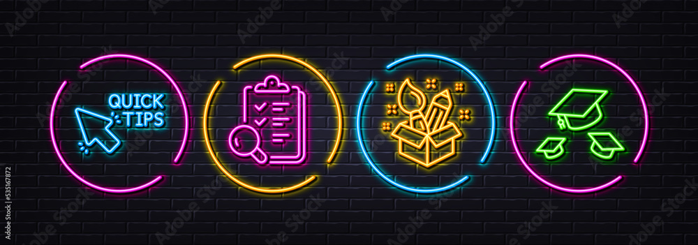 Inspect, Quick tips and Creativity minimal line icons. Neon laser 3d lights. Throw hats icons ...