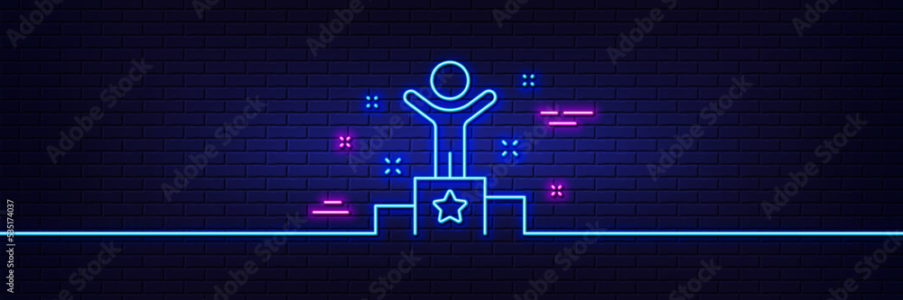 Neon light glow effect. Winner podium line icon. Success sign. First ...