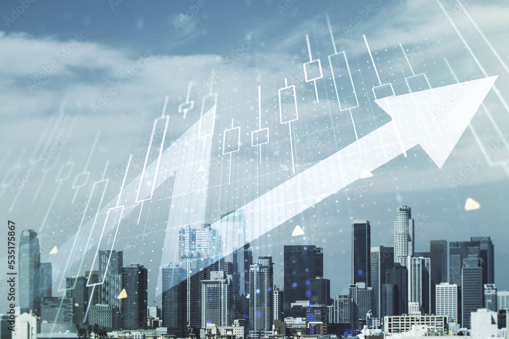 Abstract creative financial diagram and upward arrow hologram on Los ...