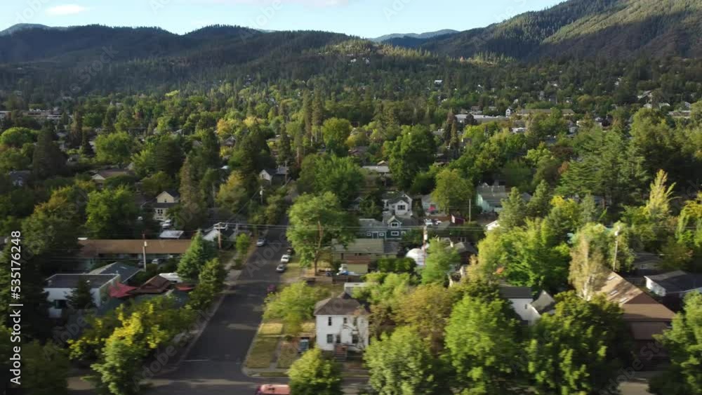 Ashland, Oregon, USA this is a drone shot of downtown. Facing south ...