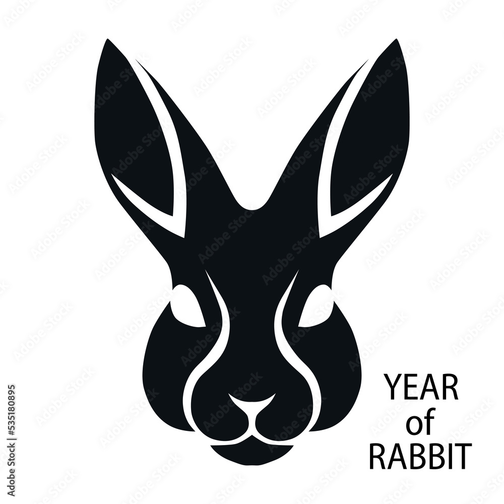 Hare head Chinese zodiac symbol. Black silhouette of rabbit's head in ...