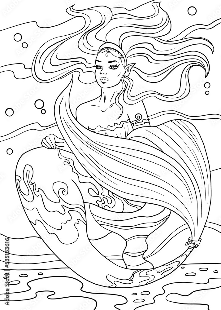 Coloring page with pretty mermaid. Line art design for adults or ...