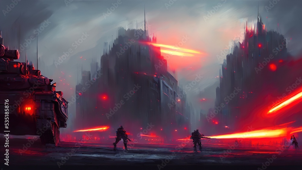 War of the future, the battlefield. Soldiers and equipment are fighting ...