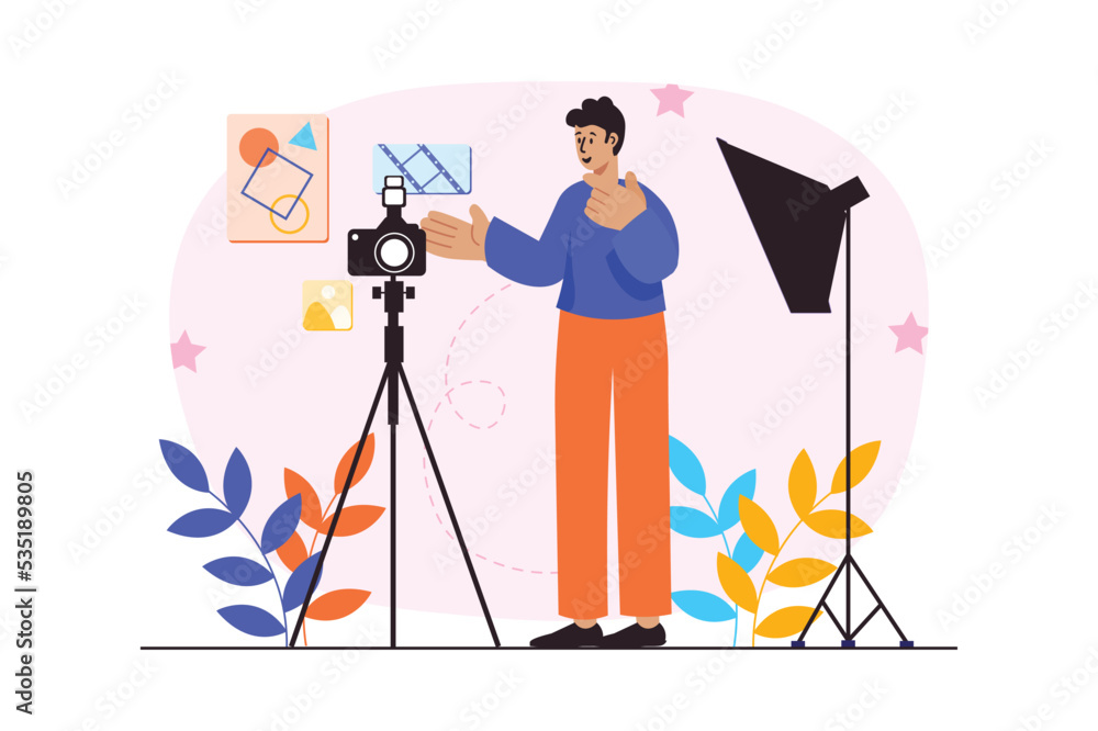 Pink concept Photo studio with people scene in the flat cartoon design ...