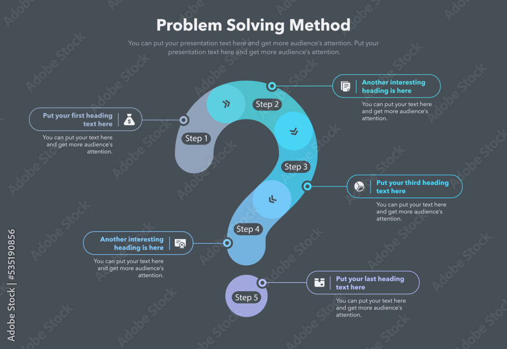 Poster Problem solving process template with five steps and question mark as a main symbol ...
