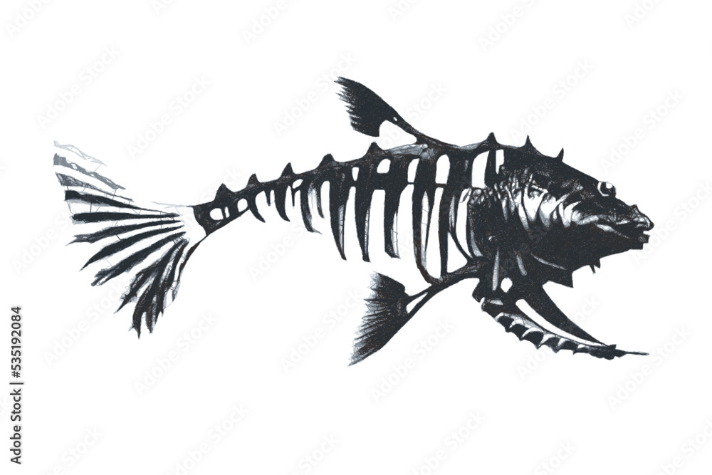Fish skeleton. Fantastic Sea monster. Doodle sketch. Vector ...