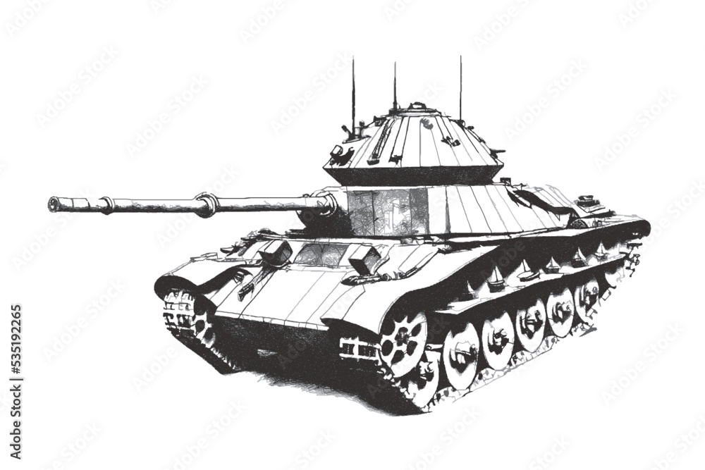 Steampunk battle tank. Fighting armoured vehicle. Doodle sketch. Vector ...