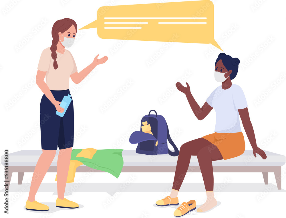 Girls talking before gym class semi flat color raster characters ...