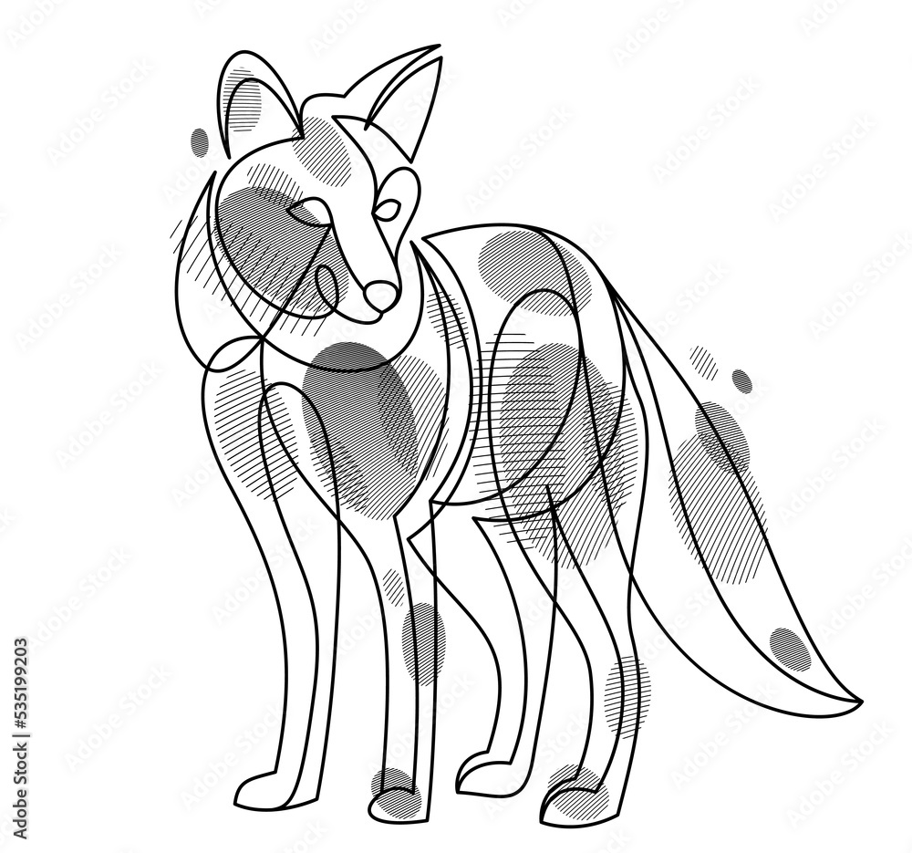 Cute red fox adorable wild animal vector linear drawing isolated ...