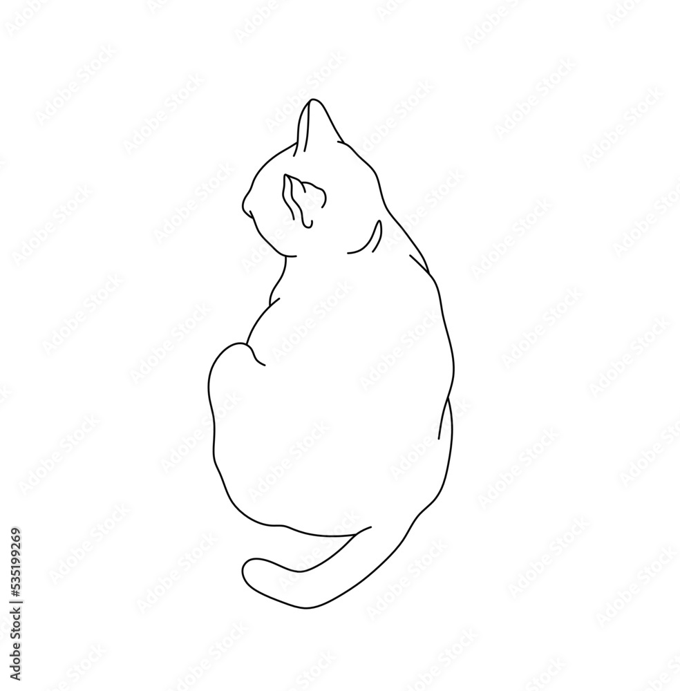Vector isolated sitting cat top back view colorless black and white ...