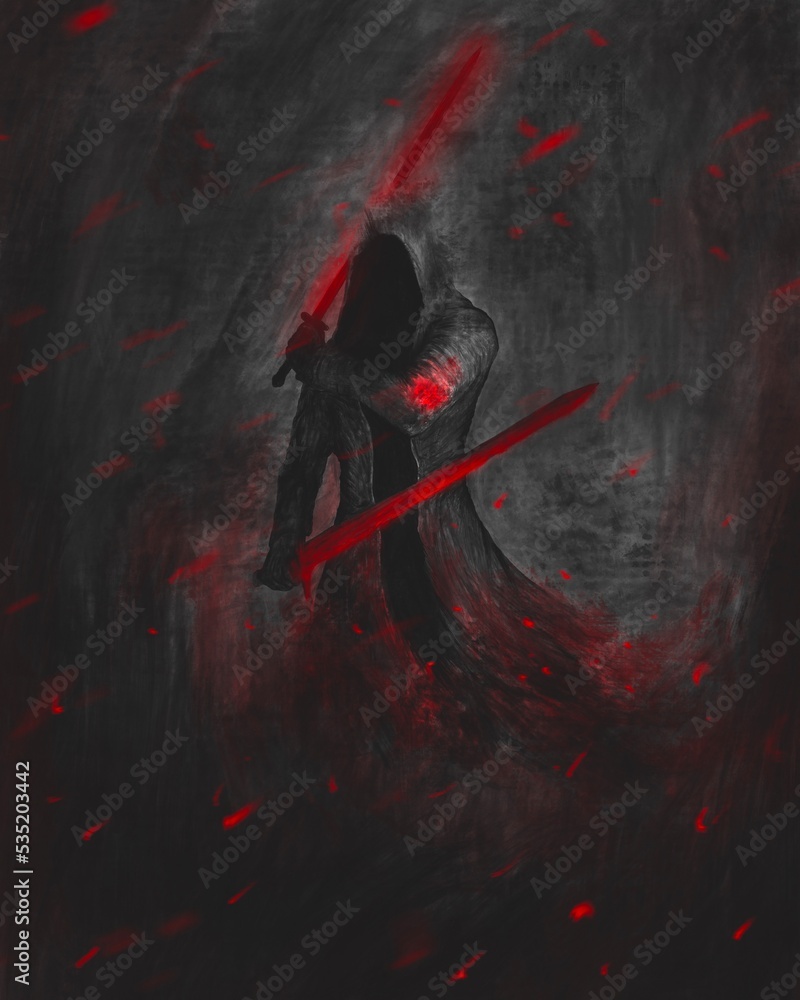 Dark knight illustration, character with two red swords Stock ...