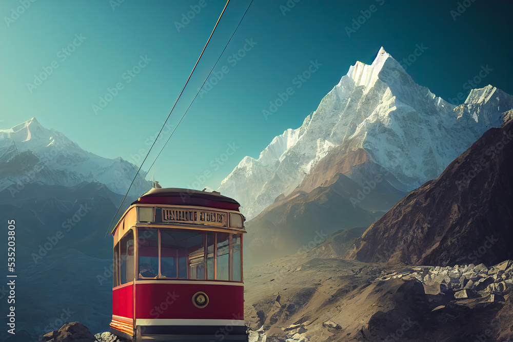 Fantasy digital art featuring a retro trolley car on railway, on the ...