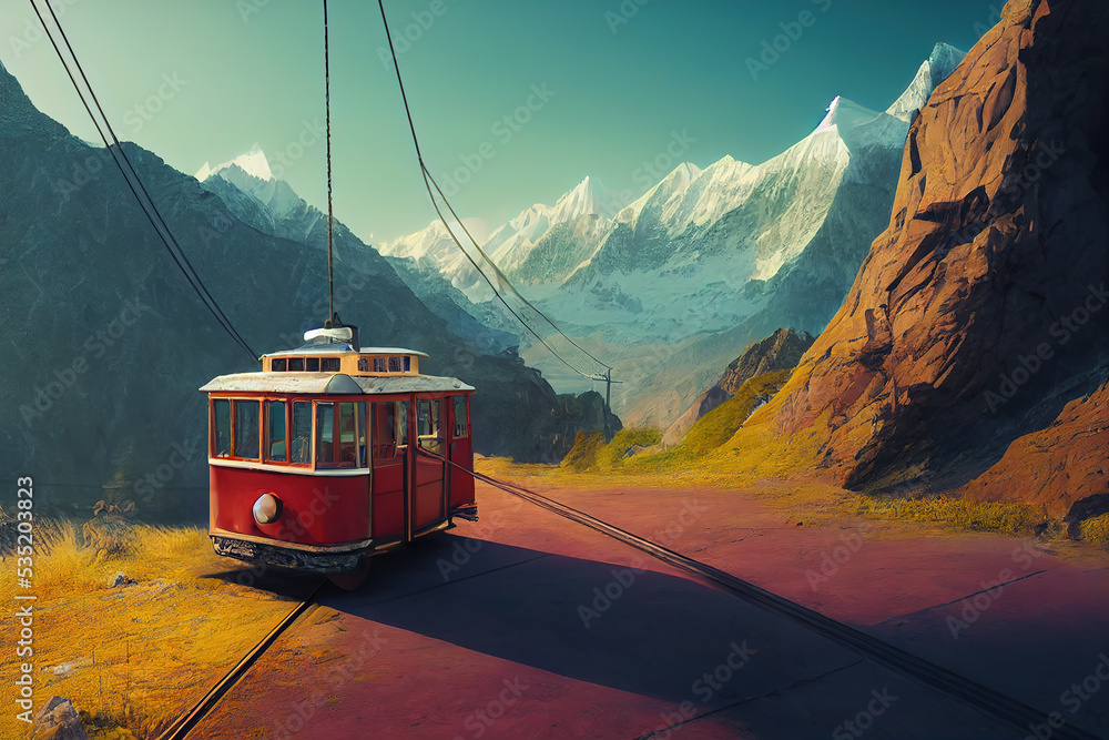 Fantasy digital art of a retro trolley cart on the side of a mountain ...