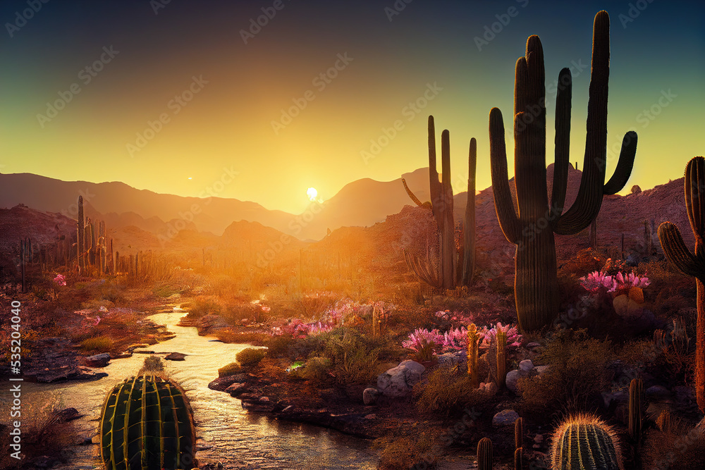 Desert oasis with cacti and flowers growing around a stream of water ...
