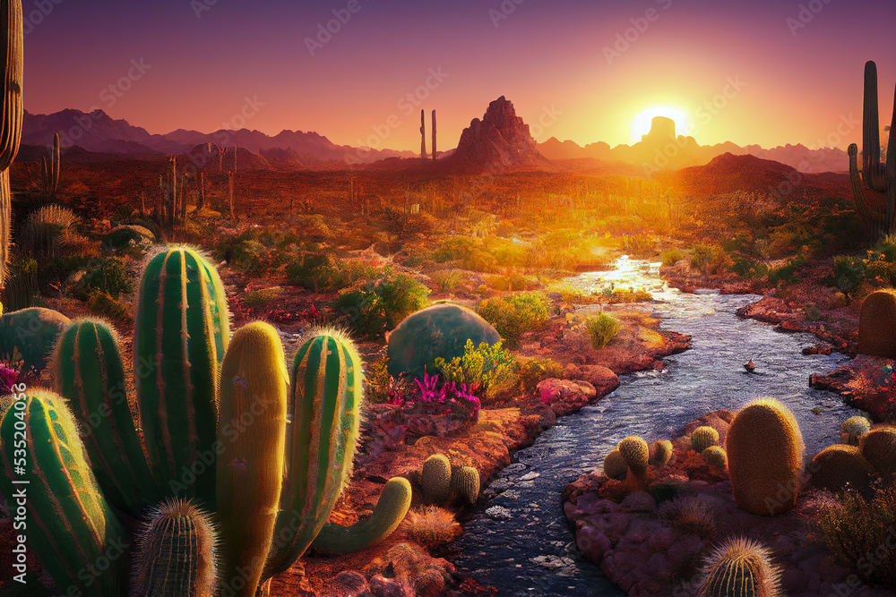 Desert oasis with cacti and flowers growing around a stream of water ...