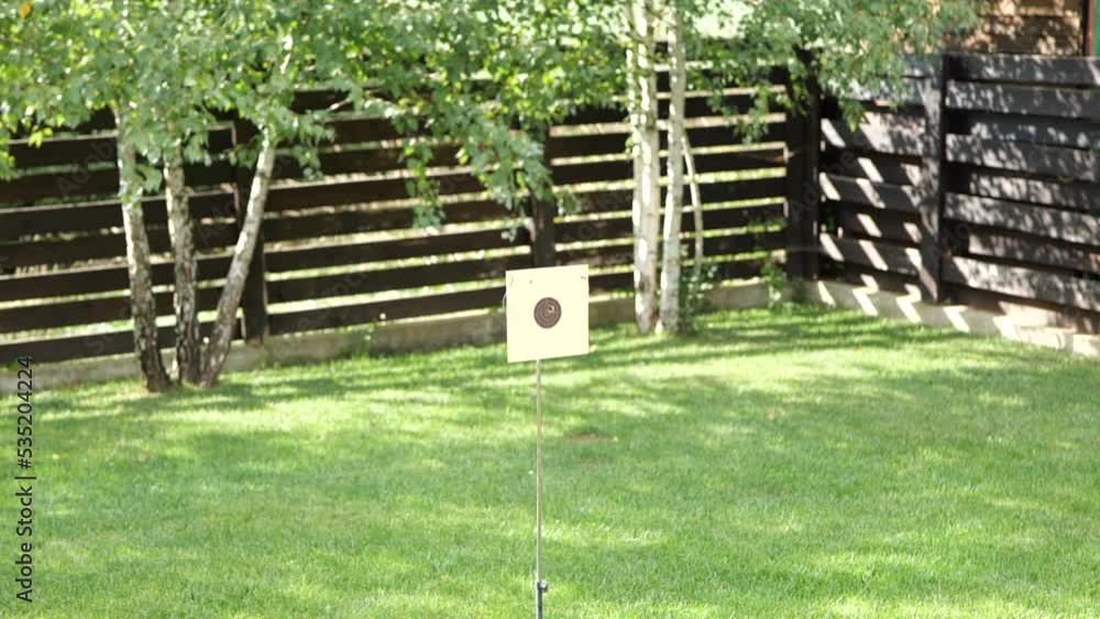 Paper target practice board with bullseye being penetrated by rubber ...