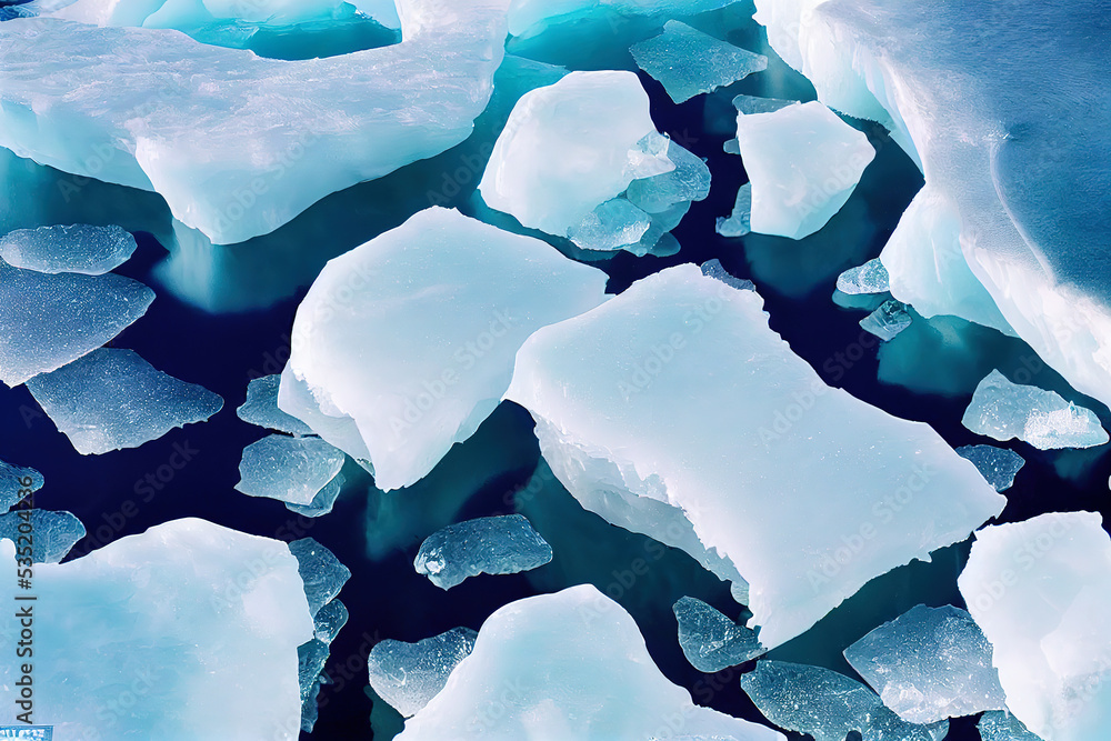 Top down view of 3D illustration with melting ice cap, water and ice ...