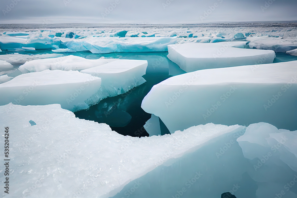 3D illustration featuring melting ice cap with water and ice on top ...