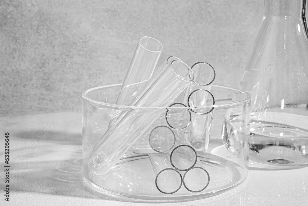 Transparent glass flask on a white background. science research ...