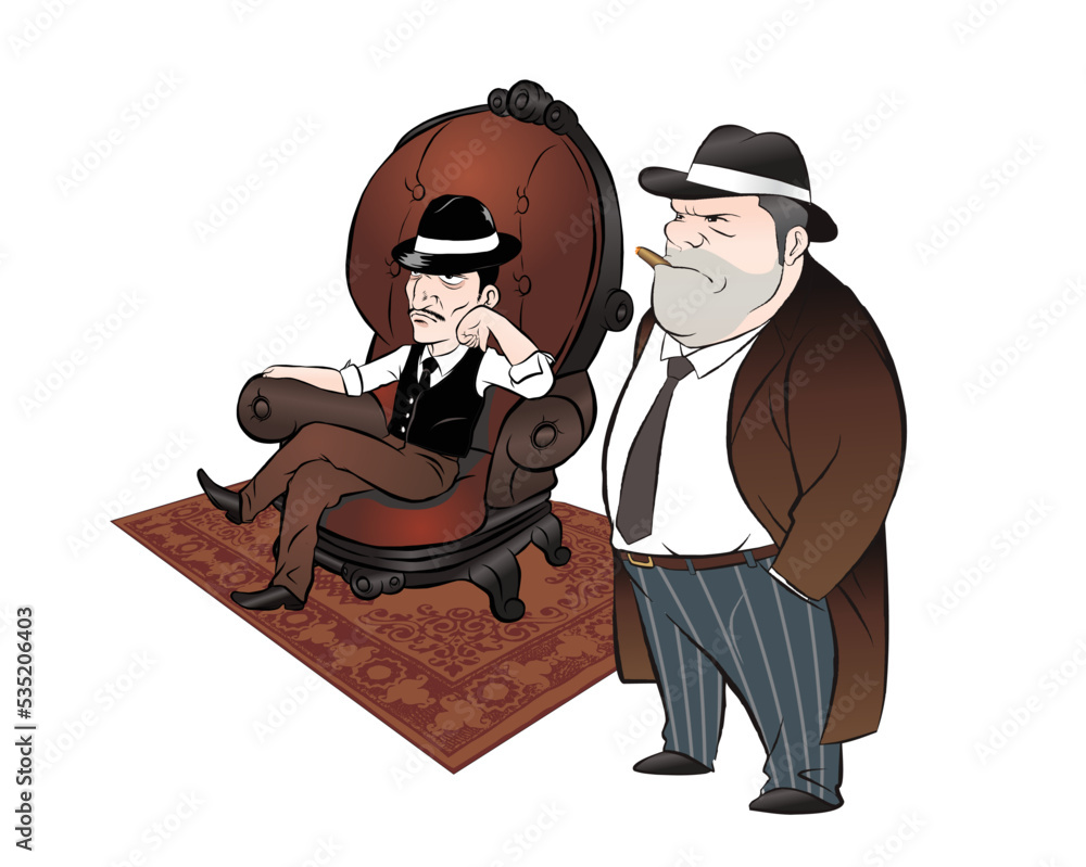 Mafia sitting on brown vintage sofa. wear hat. vector illustration ...