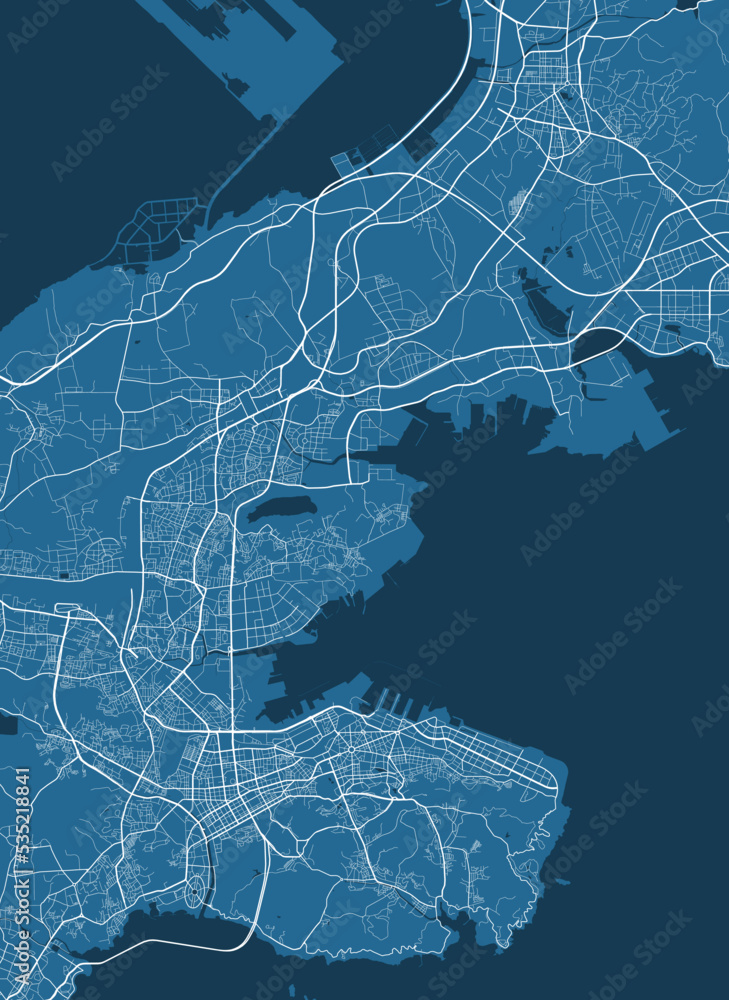 Detailed vector map poster of Dalian city, linear print map. Blue ...