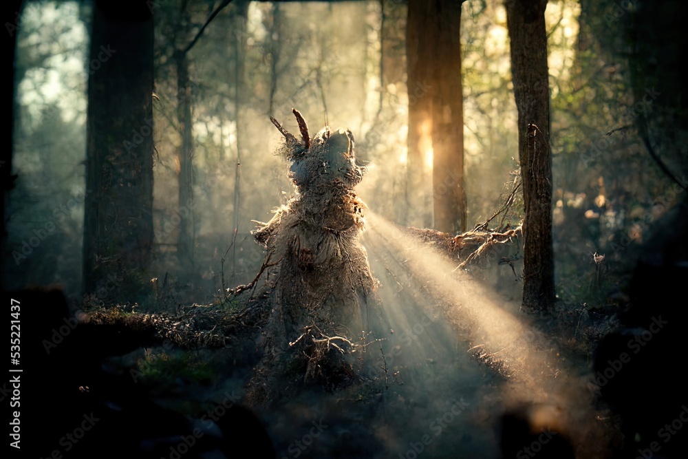 Alien Creature of the woods scene 3D illustration with dramatic ...