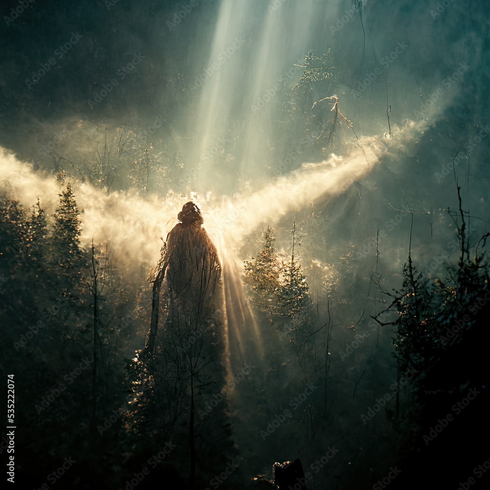 Alien Creature of the woods scene 3D illustration with dramatic ...