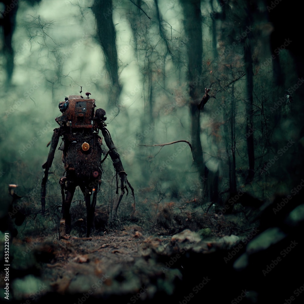Alien Creature of the woods scene 3D illustration with dramatic ...