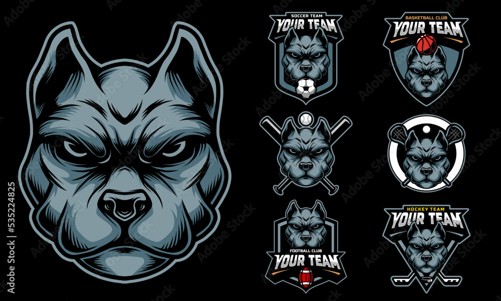 Pitbull Head Mascot Logo with logo set for team football, basketball ...