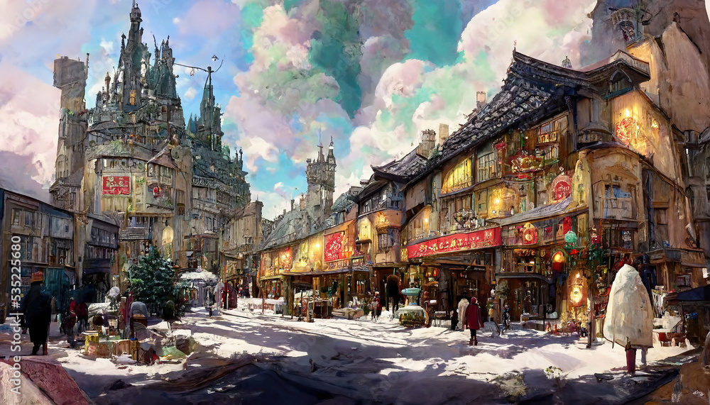 AI generated image of the town square of a fantasy medieval town, with ...