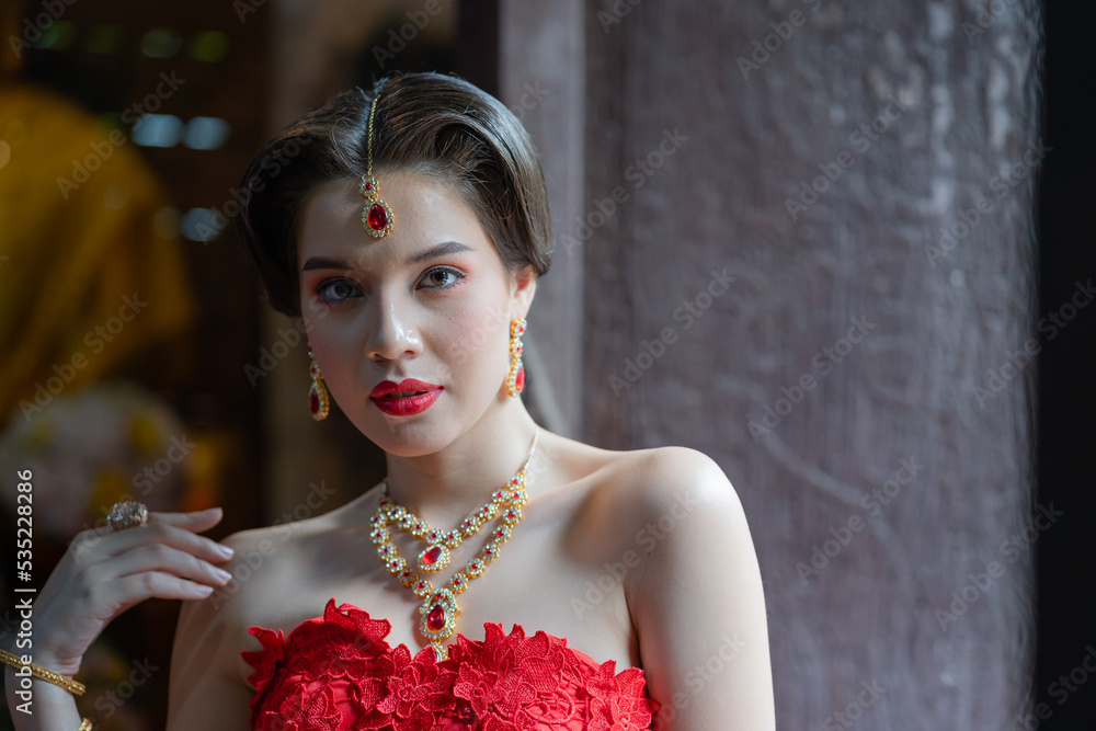 Beautiful Portrait Pretty Woman Red Dressed As An Indian Sexy Girl With Red Lips Young Hindu
