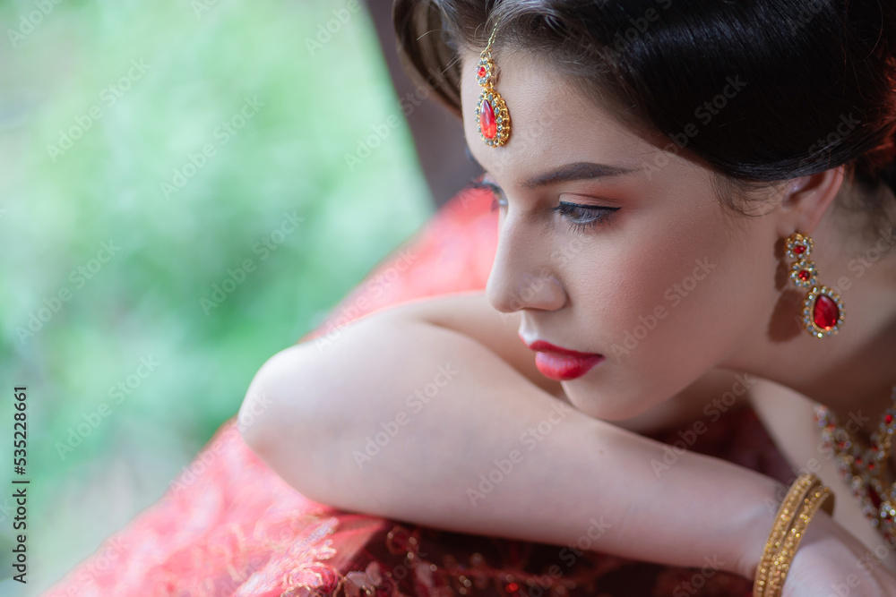 Beautiful Portrait Pretty Woman Red Dressed As An Indian Sexy Girl With Red Lips Young Hindu