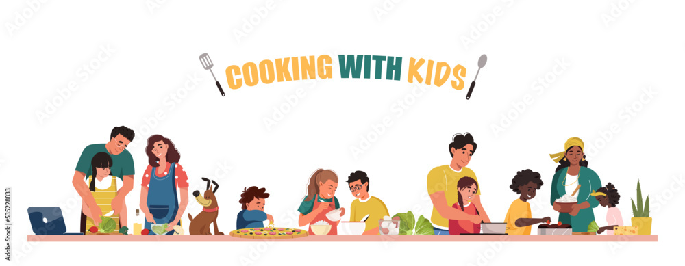 Cooking with children horizontal banner. Different age and race ...