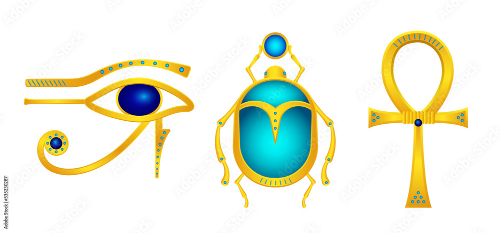 Egyptian antique gold symbols talismans. Ancient eye of horus with blue ...