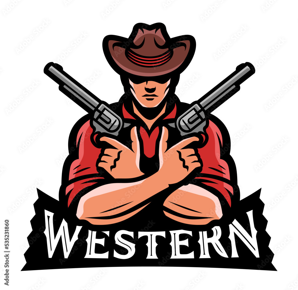 Man in cowboy hat and two revolvers. Western emblem. Shooter with ...