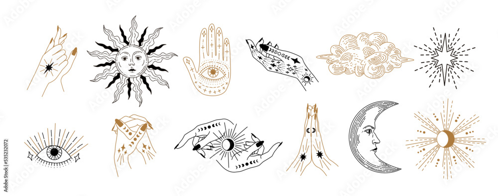 Set of linear vector illustrations. Hand drawn celestial illustrations ...