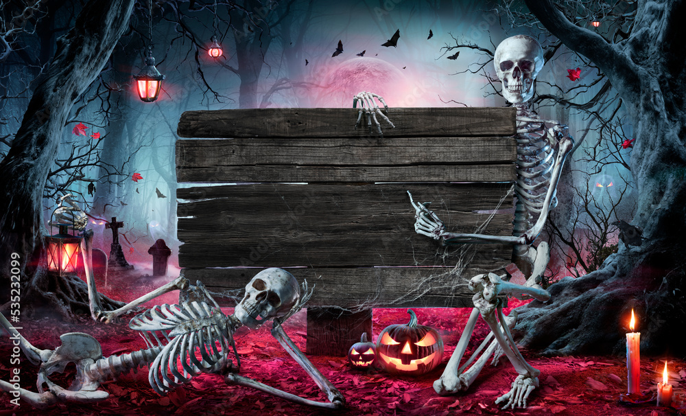 Halloween Card In Forest With Wooden Sign Board - Graveyard At Night ...