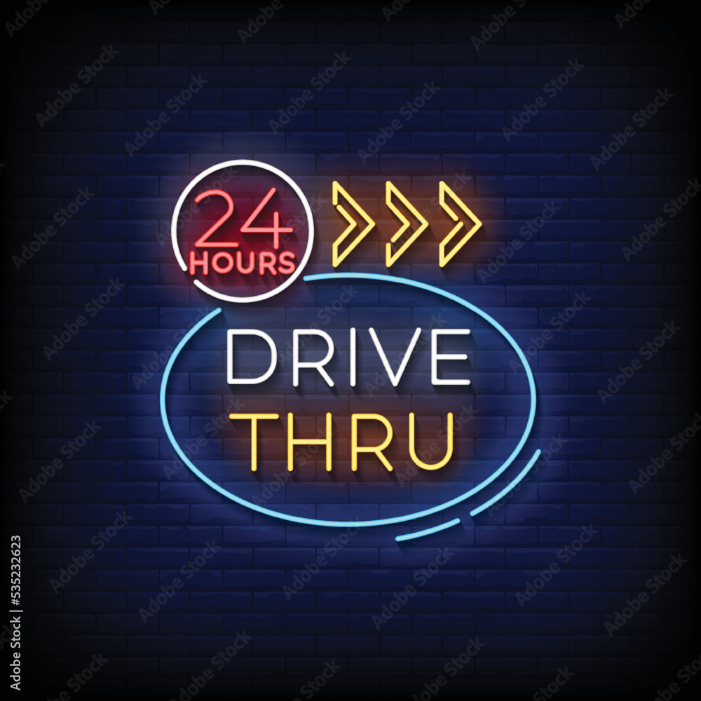 Neon Sign drive thru with Brick Wall Background vector Stock Vector ...