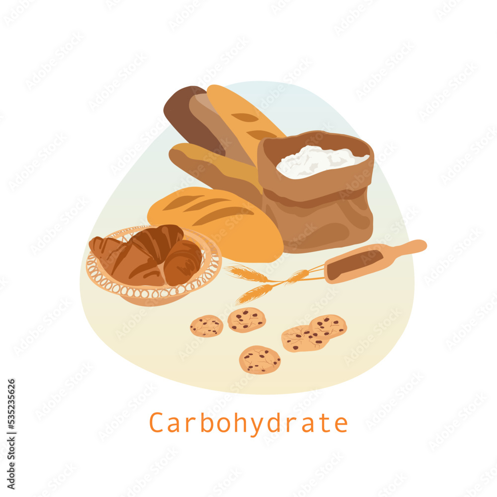 Set of Carbohydrate food. Cartoon flat vector illustration of bread ...
