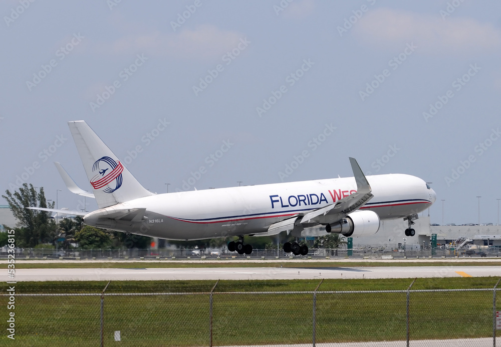 Florida West Boeing 767 cargo jet landing in Miami December 2015. The ...