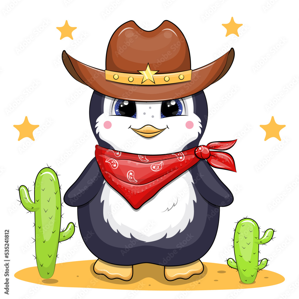 Cute cartoon penguin wearing a cowboy hat and red scarf. Vector animal ...