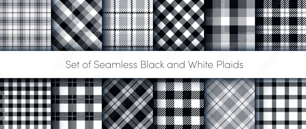 Black and White Plaids seamless pattens set. Vector Checkered, Buffalo ...